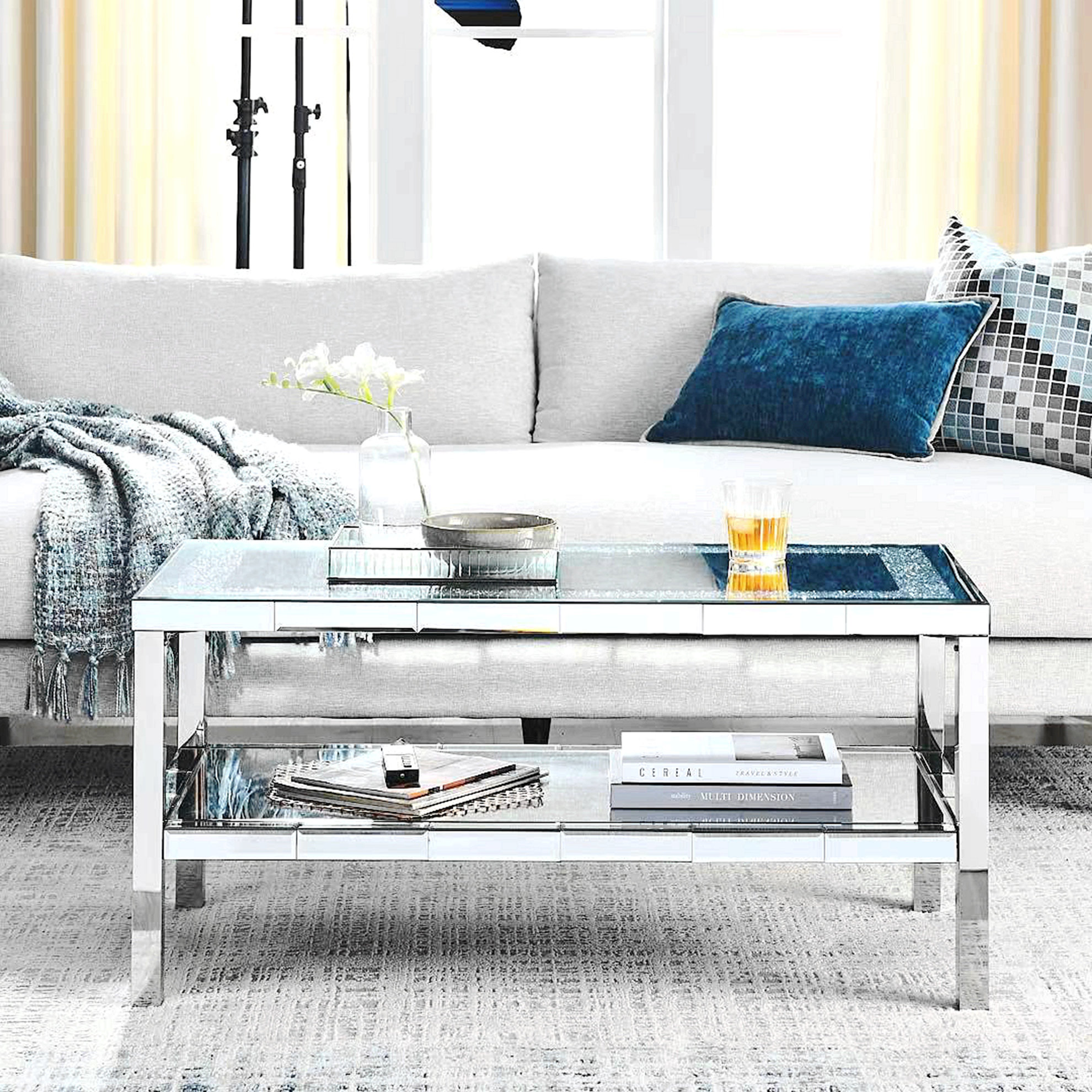 Mercer41 39.5" 2-Layer Crystal Mirror Coffee Table With Stainless Steel Frame For Offices Or ...